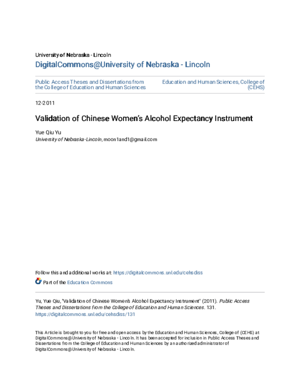 (PDF) Validation of Chinese Women's Alcohol Expectancy Instrument