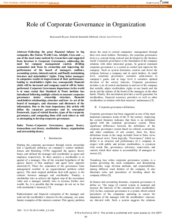 (PDF) Role of Corporate Governance in Organization