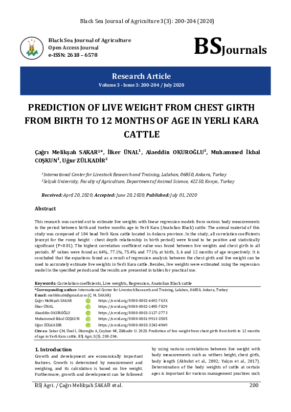 (PDF) Prediction of Live Weight from Chest Girth From Birth to 12 Months of Age in Yerli Kara Cattle