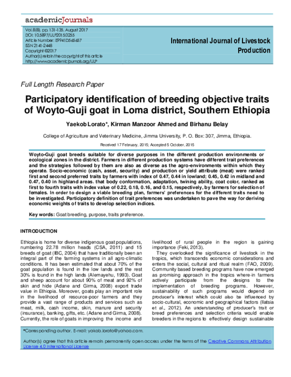 (PDF) Breeding Trait Preferences of Woyto-Guji Goats in Ethiopia