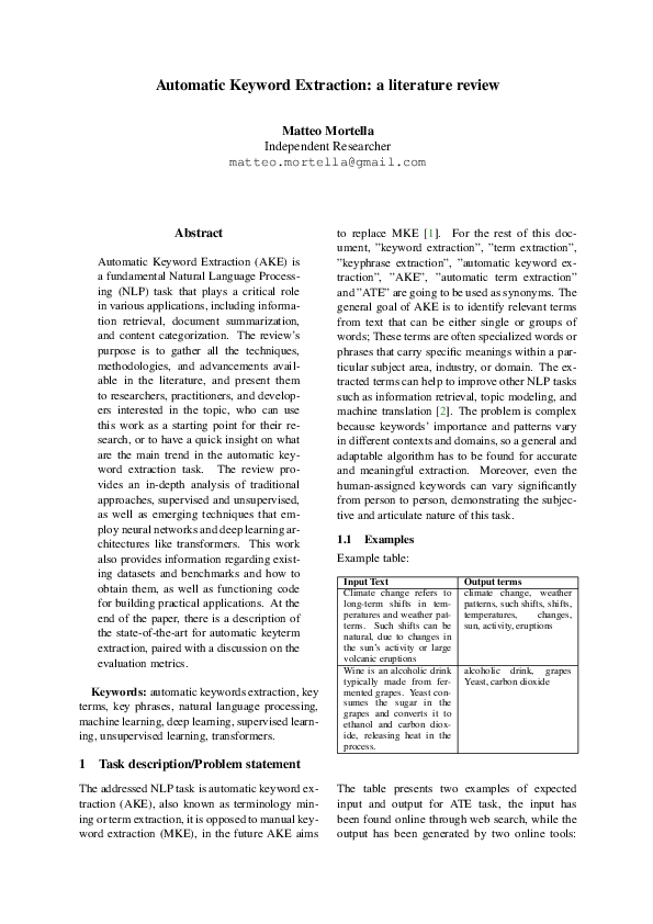 Pdf Automatic Keyword Extraction A Literature Review Matteo