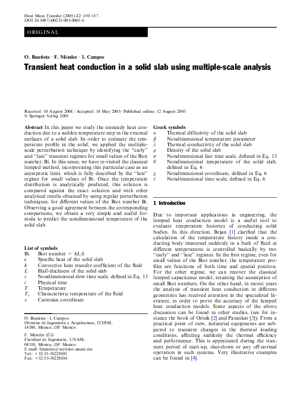 Pdf Transient Heat Conduction In A Solid Slab Using Multiple Scale Analysis
