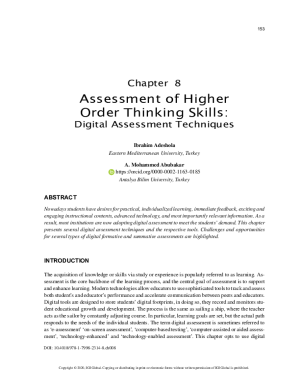 (PDF) Assessment of Higher Order Thinking Skills (PDF) Assessment of Higher Order Thinking Skills
