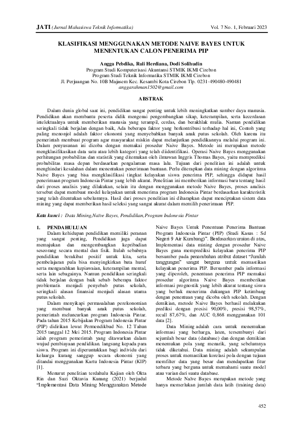 (PDF) Klasifikasi Menggunakan Metode Naive Bayes Untuk Menentukan Calon Penerima Pip