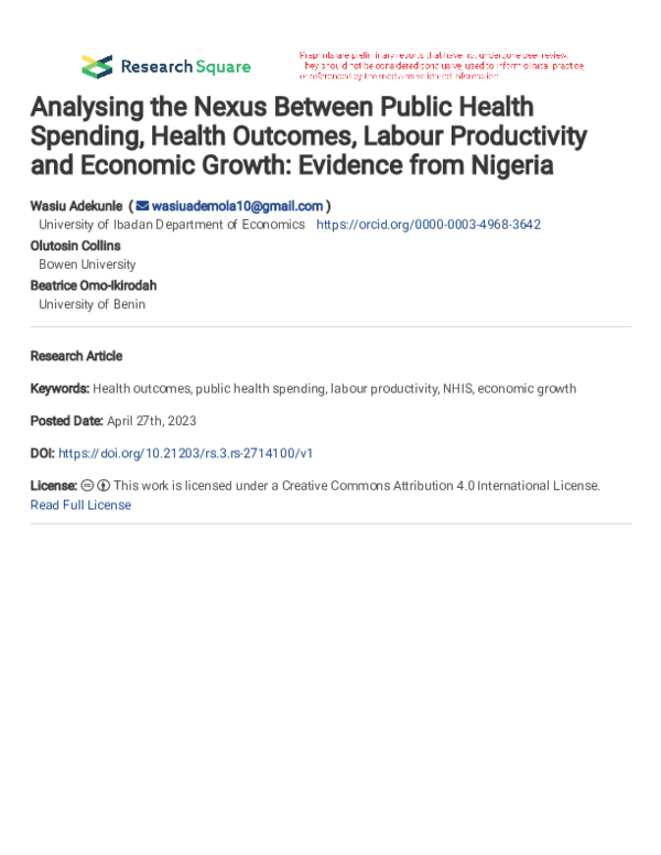 Pdf Analysing The Nexus Between Public Health Spending Health Outcomes Labour Productivity