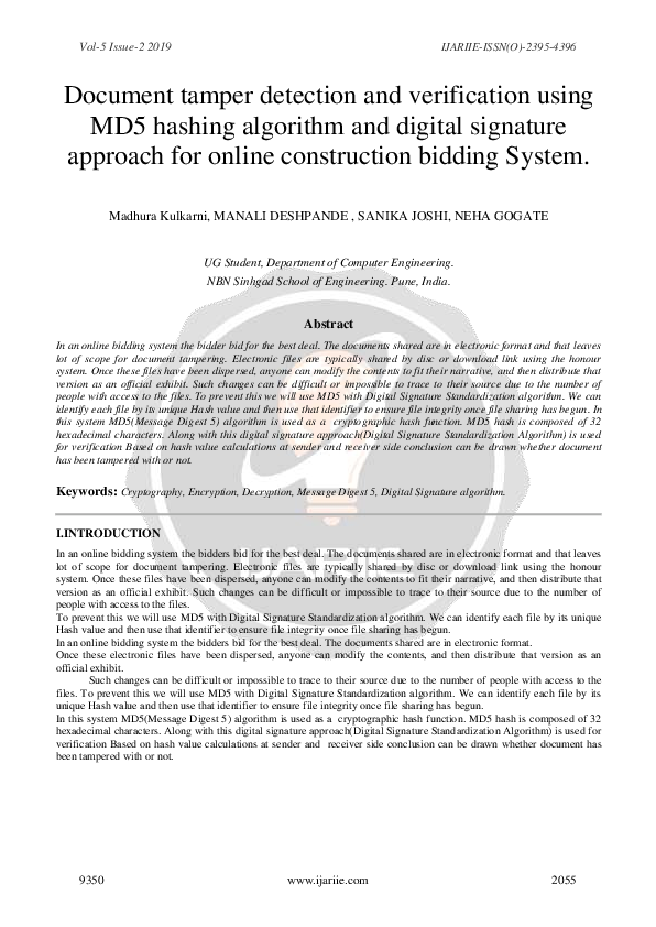 (PDF) Document tamper detection and verification using MD5 hashing algorithm and digital ...