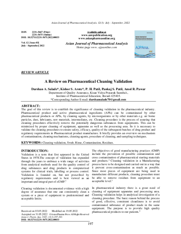 (PDF) A Review on Pharmaceutical Cleaning Validation