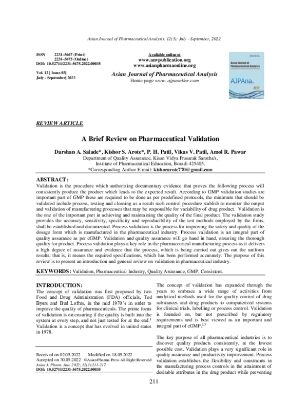 (PDF) A Brief Review on Pharmaceutical Validation