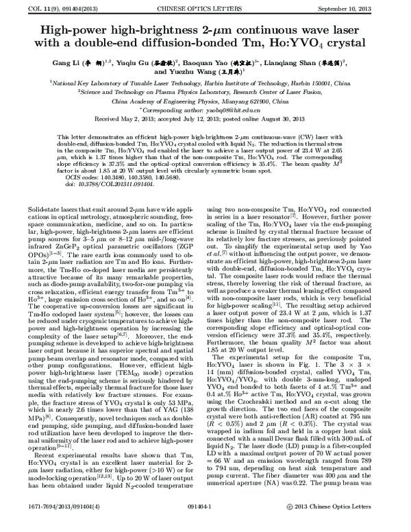 (PDF) High-power high-brightness 2-\mu m continuous wave laser with a double-end dif fusion ...