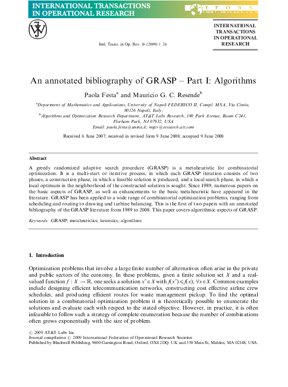 (PDF) An annotated bibliography of GRASP - Part I: Algorithms