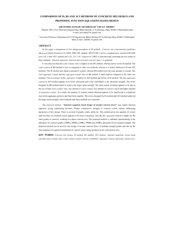 (PDF) Comparison of IS, BS and ACI Methods of Concrete Mix Design and ...