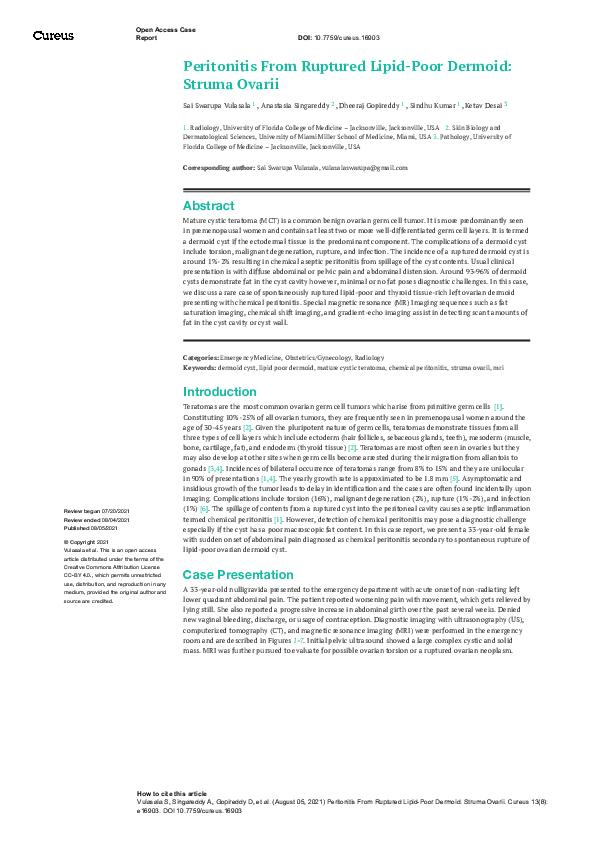 (PDF) Peritonitis From Ruptured Lipid-Poor Dermoid: Struma Ovarii