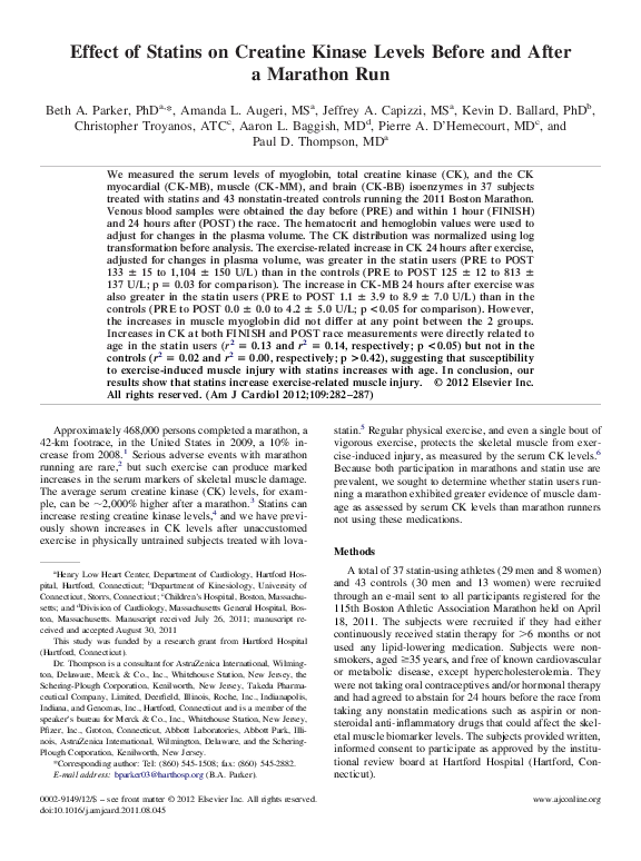 (PDF) Effect of Statins on Creatine Kinase Levels Before and After a ...