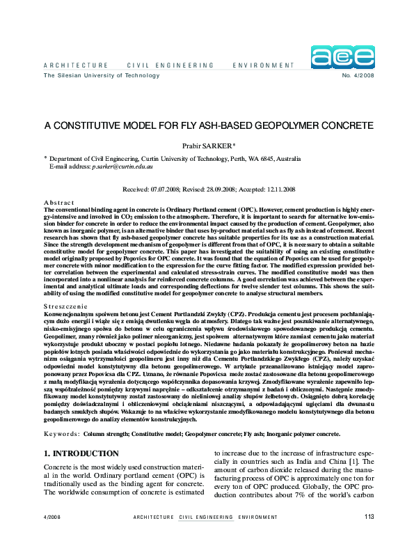 (PDF) A constitutive model for fly ash-based geopolymer concrete