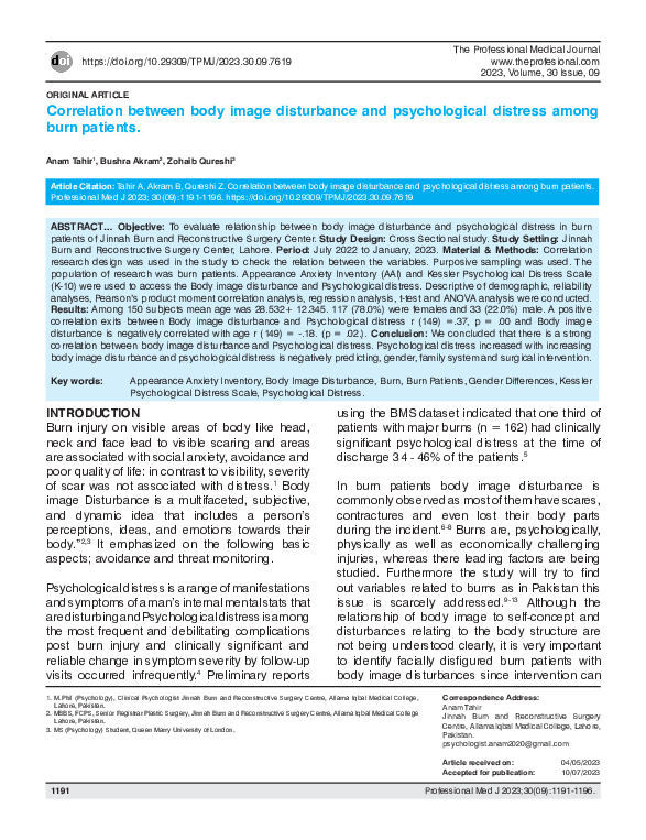 Correlation between body image disturbance and psychological distress ...