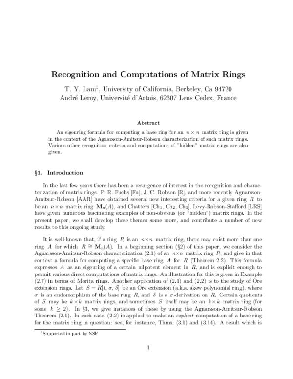 (PDF) Recognition and computations of matrix rings