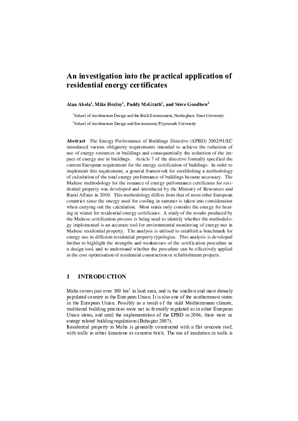 (PDF) An Investigation into the Practical Application of Residential ...