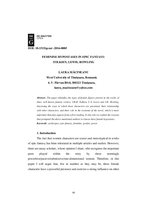 (PDF) Feminine Hypostases in Epic Fantasy: Tolkien, Lewis, Rowling