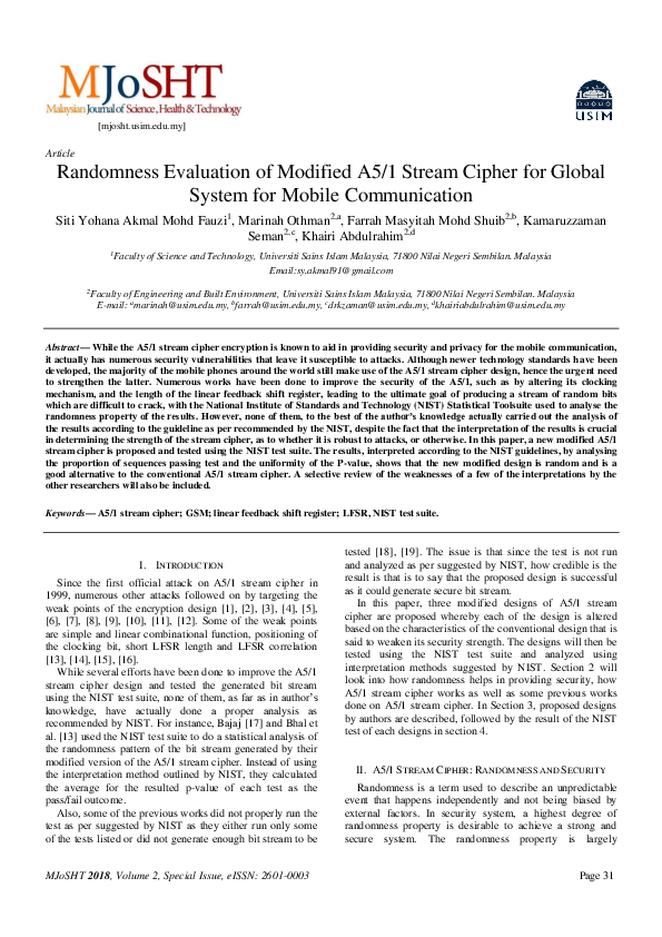 (PDF) Randomness Evaluation of Modified A5/1 Stream Cipher for Global ...