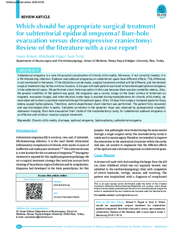 (PDF) Surgical Treatment for Subtentorial Epidural Empyema: Burr-Hole ...