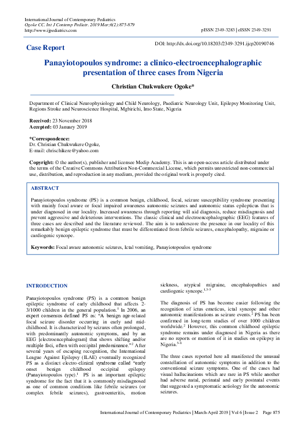 (PDF) Panayiotopoulos syndrome: a clinico-electroencephalographic ...