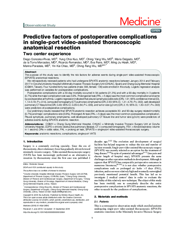 Pdf Predictive Factors Of Postoperative Complications In Single Port Video Assisted