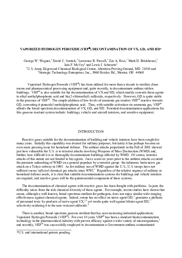 (PDF) Vaporized Hydrogen Peroxide (VHP) Decontamination of VX, GD, and HD