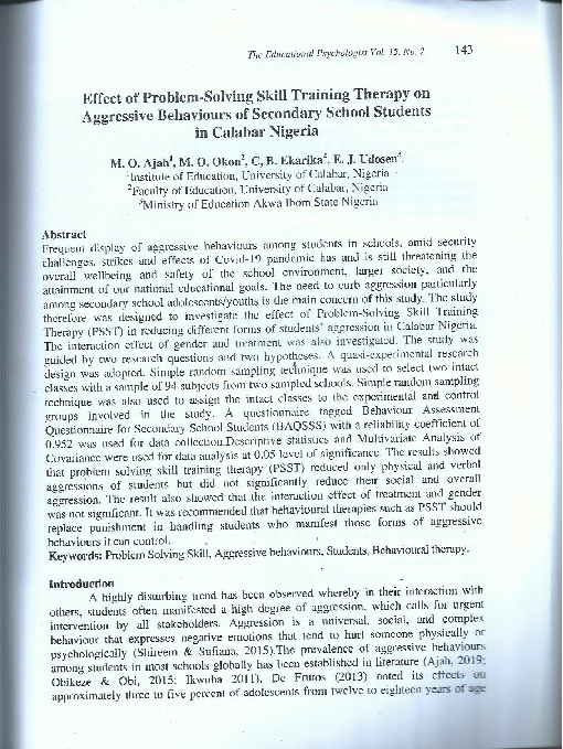 (PDF) Effect of Problem Solving Skill Training Therapy on Aggressive ...
