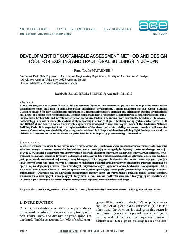 (PDF) Development of Sustainable Assessment Method and Design Tool for Existing and Traditional ...