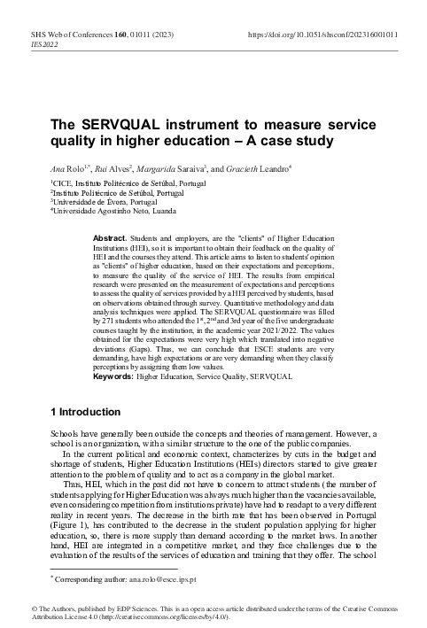 (PDF) The SERVQUAL instrument to measure service quality in higher education – A case study