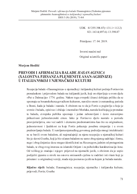 (PDF) Translations and Affirmation of the Ballad Hasanaginica in the ...