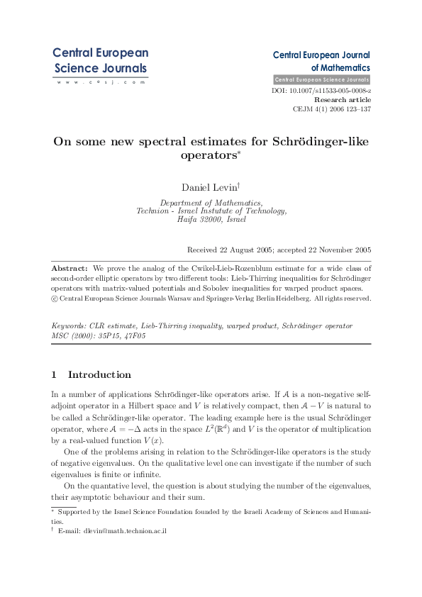Pdf On Some New Spectral Estimates For Schrödinger Like Operators