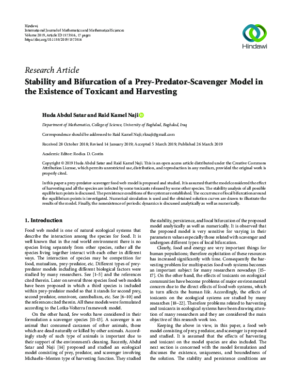 (PDF) Stability and Bifurcation of a Prey-Predator-Scavenger Model in the Existence of Toxicant ...