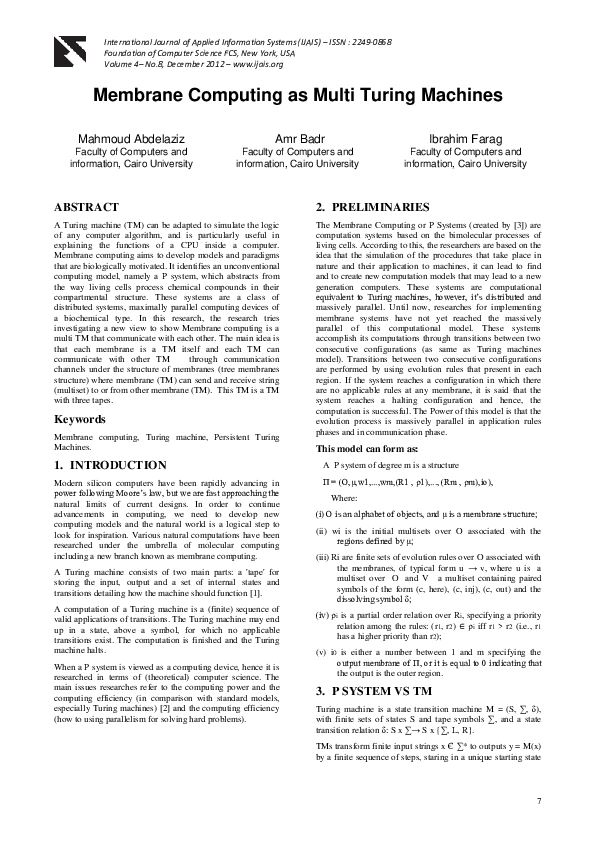 (PDF) Membrane Computing as Multi Turing Machines