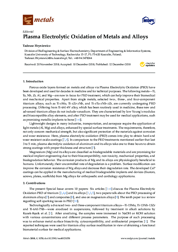 (PDF) Plasma Electrolytic Oxidation of Metals and Alloys