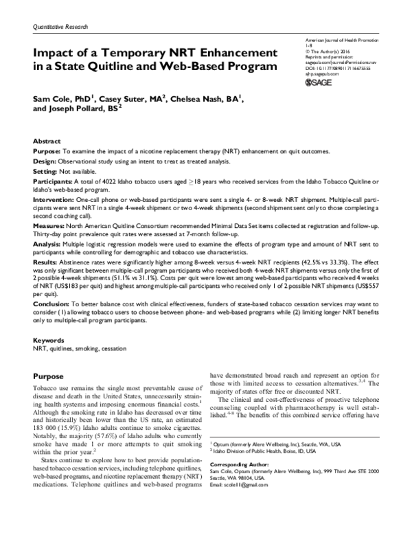 (PDF) Impact of a Temporary NRT Enhancement in a State Quitline and Web ...