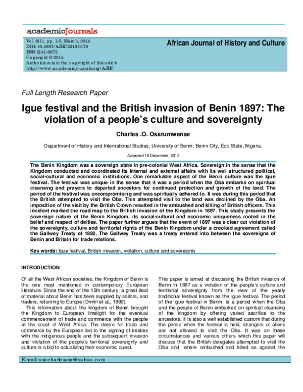 (PDF) Igue festival and the British invasion of Benin 1897: The ...