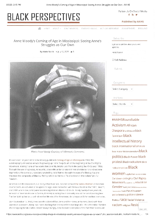 (PDF) Anne Moody's Coming of Age in Mississippi: Seeing Anne's ...