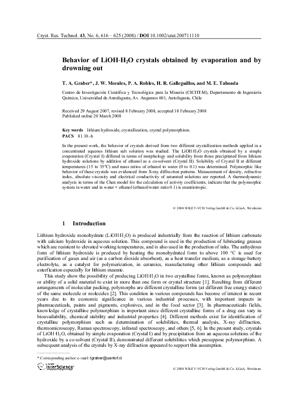 (PDF) Behavior of LiOH·H2O crystals obtained by evaporation and by ...