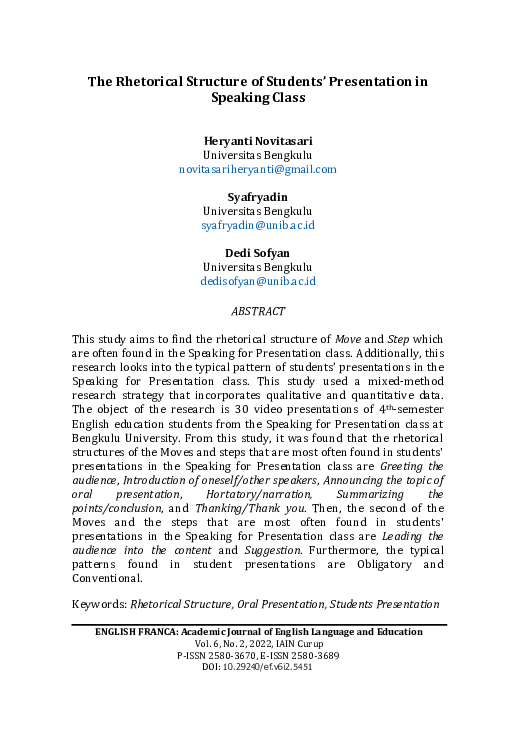 (PDF) The Rhetorical Structure of Students’ Presentation in Speaking Class