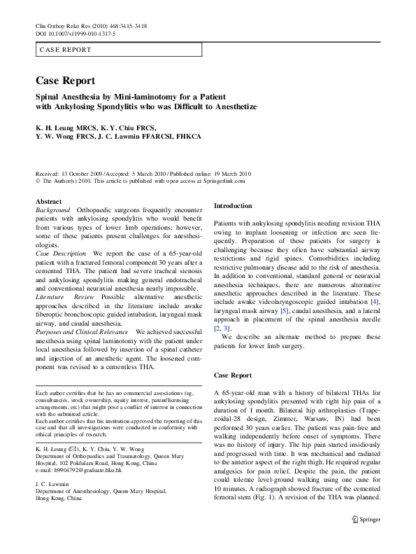 (PDF) Case Report: Spinal Anesthesia by Mini-laminotomy for a Patient ...