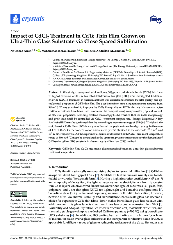 (PDF) Impact of CdCl2 Treatment in CdTe Thin Film Grown on Ultra-Thin ...