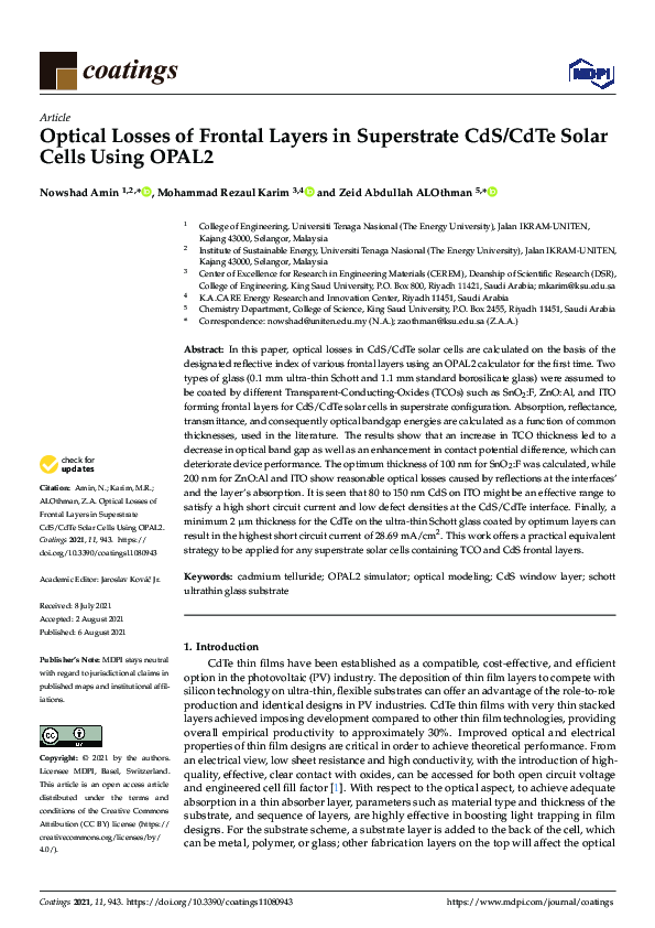 (PDF) Optical Losses of Frontal Layers in Superstrate CdS/CdTe Solar ...