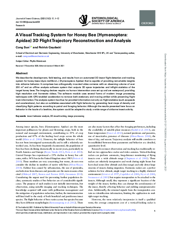 (PDF) A Visual Tracking System for Honey Bee (Hymenoptera: Apidae) 3D ...