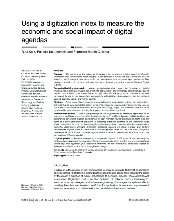 (PDF) Using a digitization index to measure the economic and social impact of digital agendas
