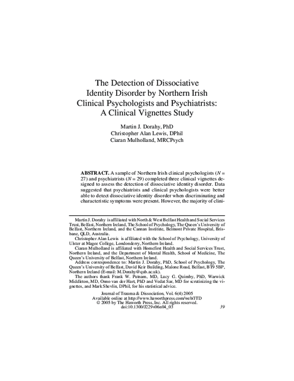 (PDF) The Detection of Dissociative Identity Disorder by Northern Irish ...