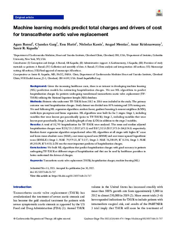 (PDF) Machine learning models predict total charges and drivers of cost for transcatheter aortic ...