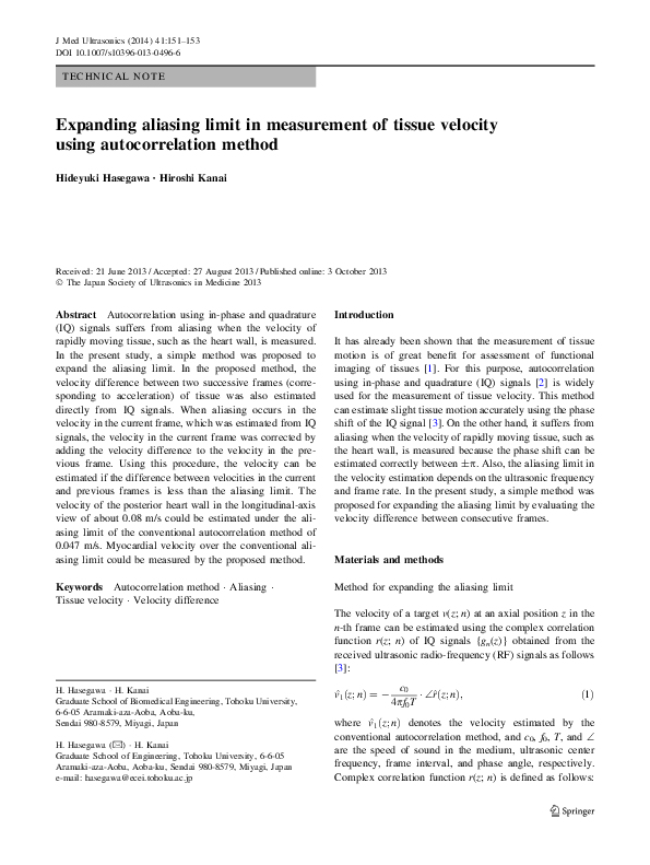(PDF) Expanding aliasing limit in measurement of tissue velocity using autocorrelation method
