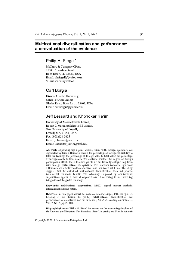 (PDF) Multinational Diversification and Performance: A Reevaluation of ...