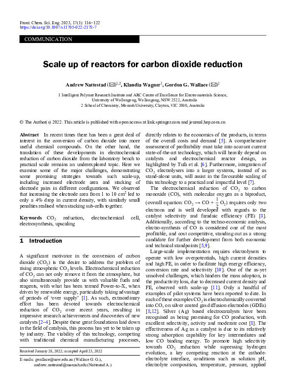 (PDF) Scale up of reactors for carbon dioxide reduction